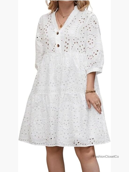 Dresses | Womens Eyelet Lace Midi Dress V Neck Puff 34 Sleeve Button ...
